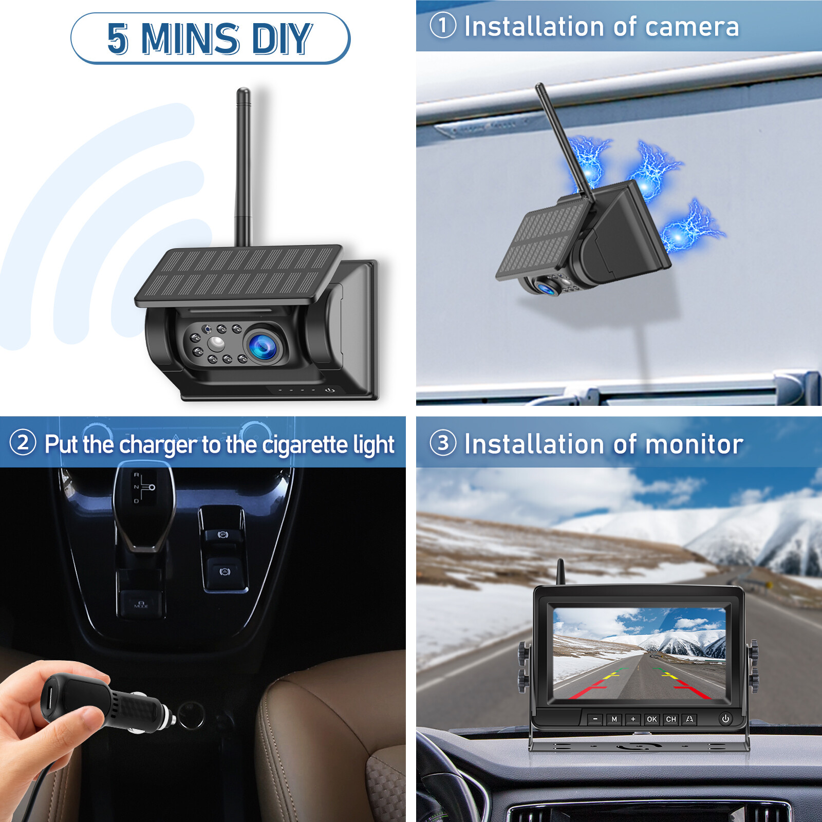 Magnetic Solar Wireless Backup Camera 7'' DVR Kit HD 1080P For RV ...