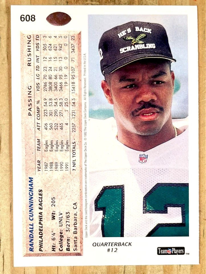 1992 UPPER DECK RANDALL CUNNINGHAM CARD#608 NM-MT UNLV EAGLES VIKINGS ...
