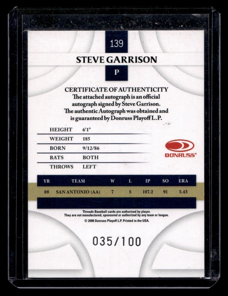 2008 Donruss Threads Steve Garrison Signatures Gold 35/100 | eBay