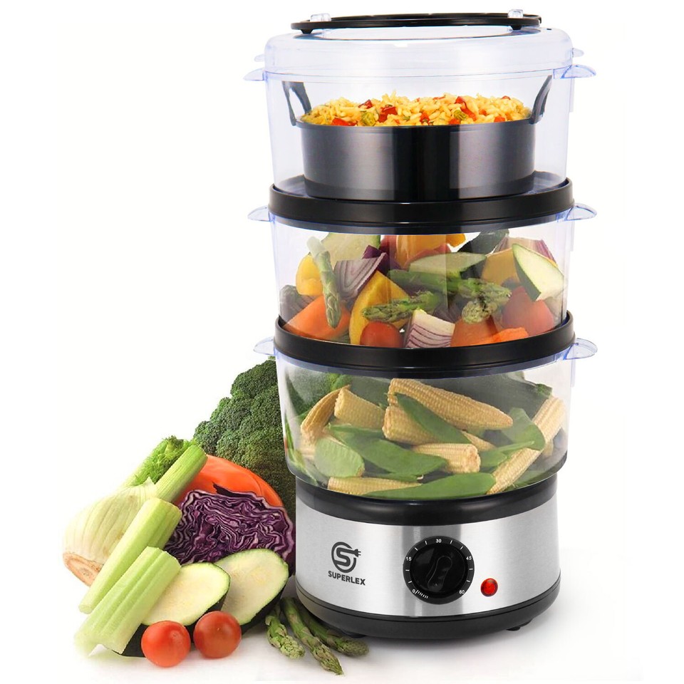 7.5L Food Vegetable Meat Steamer 3-Tier Electric Slow Cooker With Rice ...