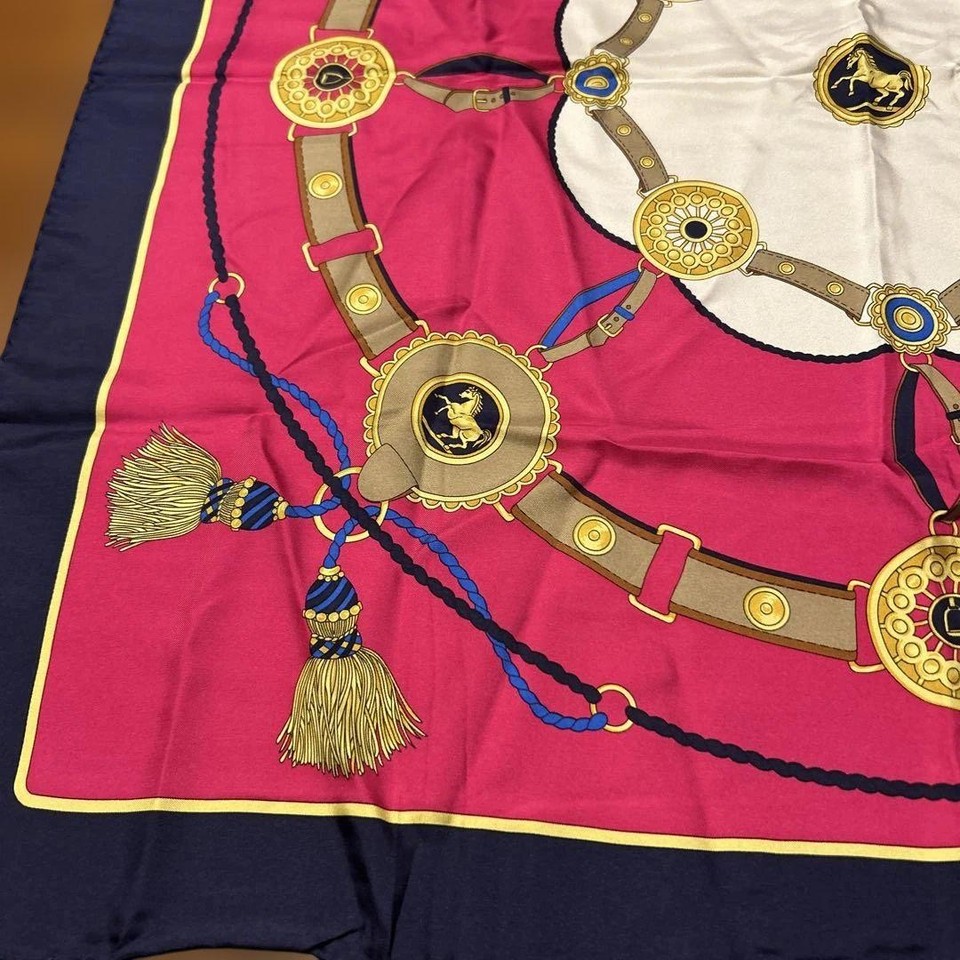 CELINE scarf 85cm 33″ square silk logo Tassel red navy | eBay