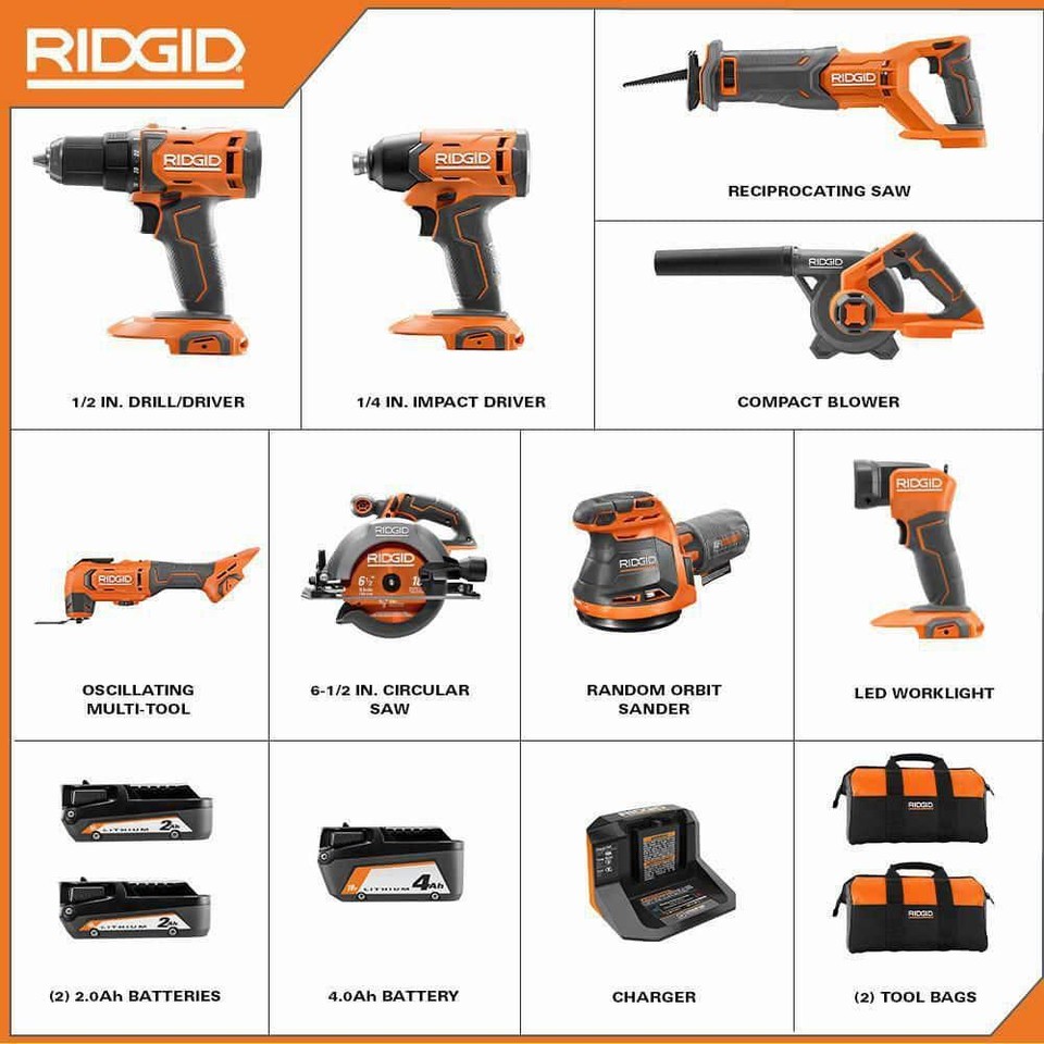 RIDGID Power Tool Combo Kit 18V Cordless (8-Tool) w/ 3 Batteries ...
