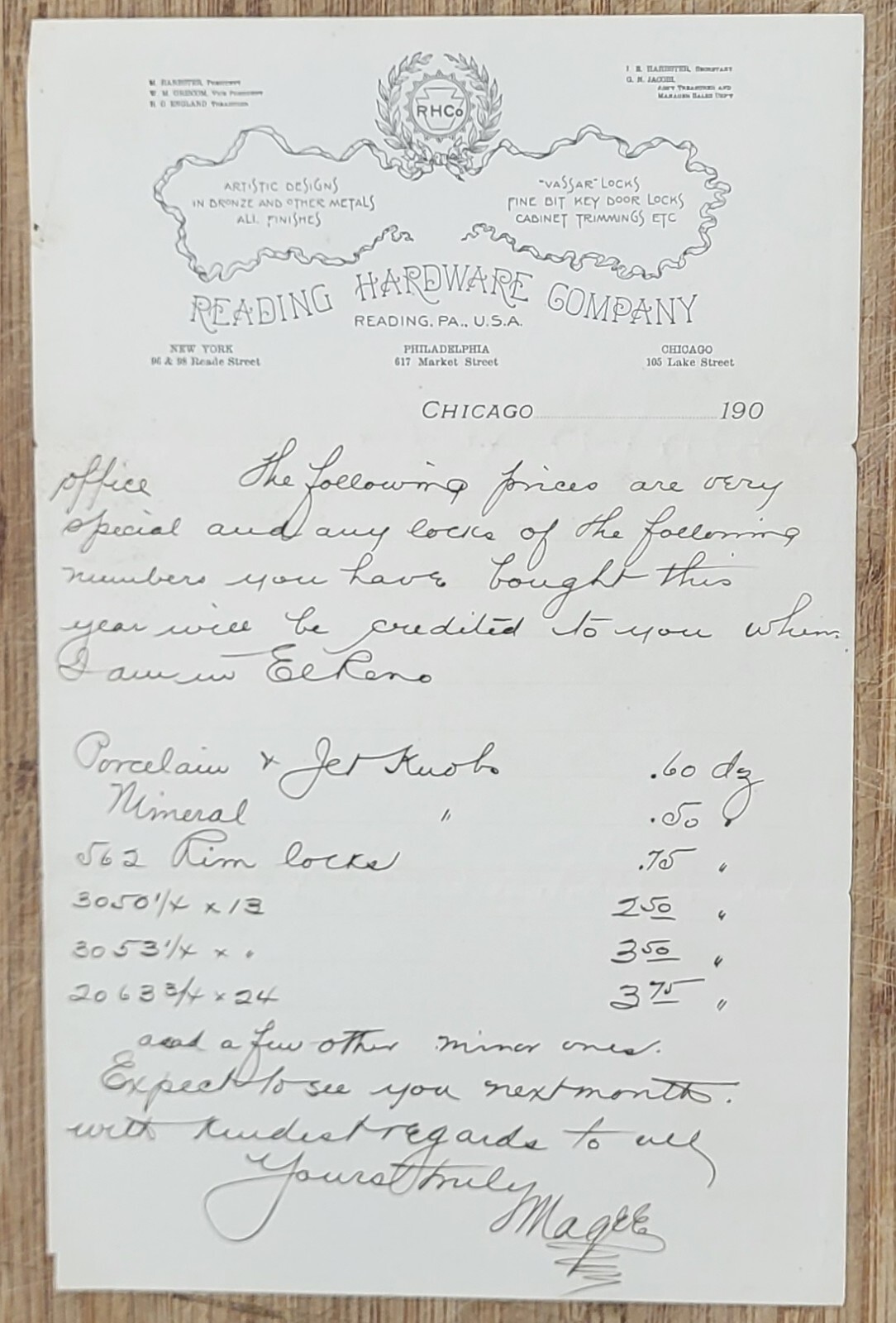 1901 Letterhead Chicago Illinois Reading Hardware Company Choice of ...