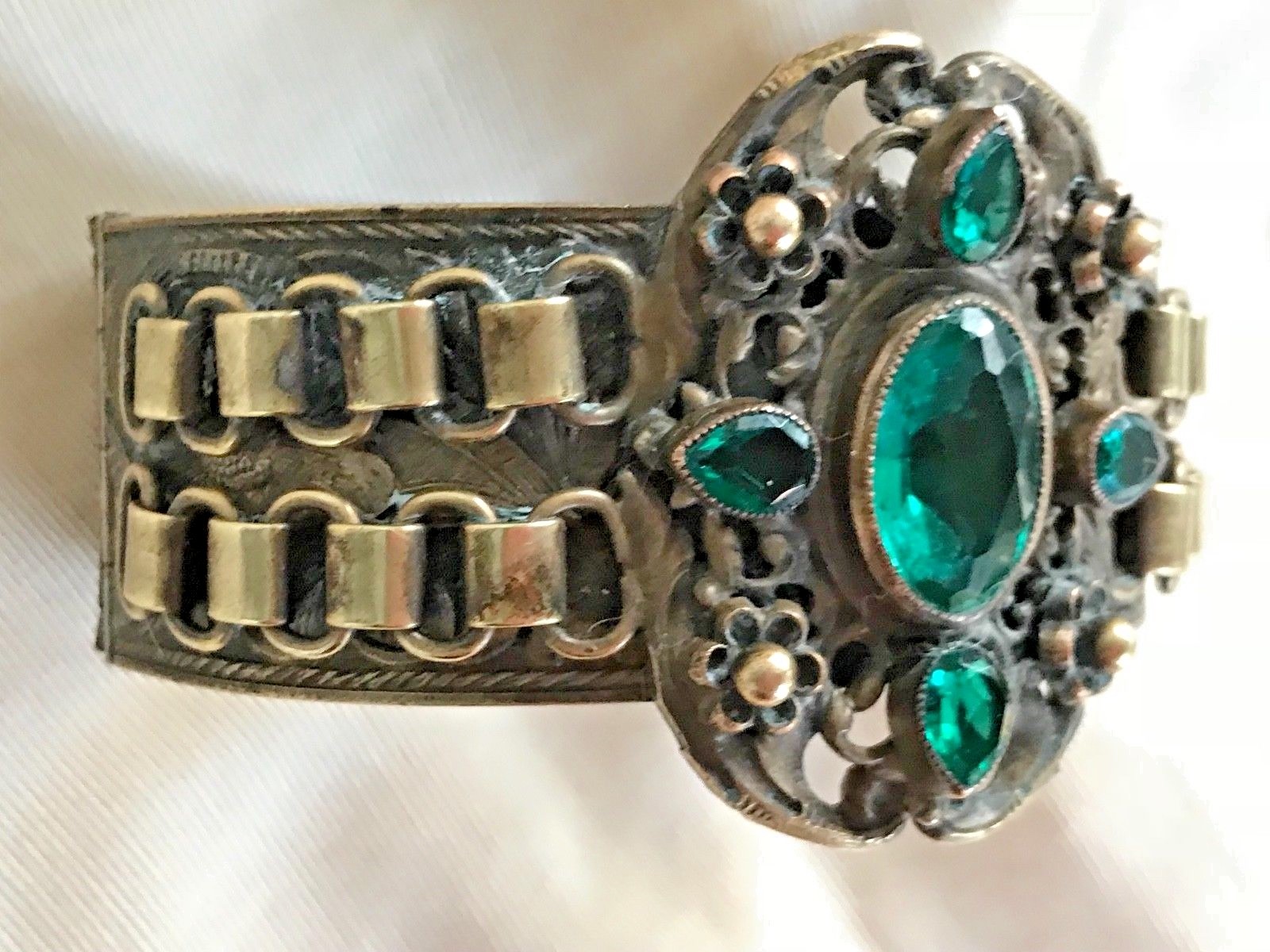 Antique Bracelet Embossed Metal Green Glass Stones H… - Gem