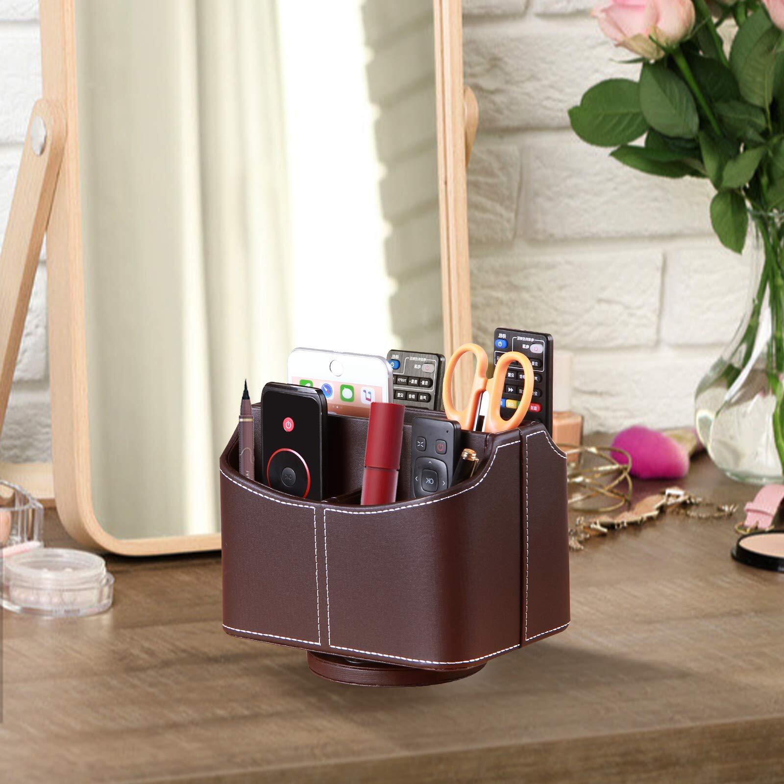 Leather Remote Control Holder, 360 Degree Spinning Desk TV Remote Caddy ...