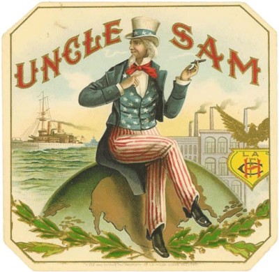 Uncle Sam smoking sitting on globe cigar label | eBay