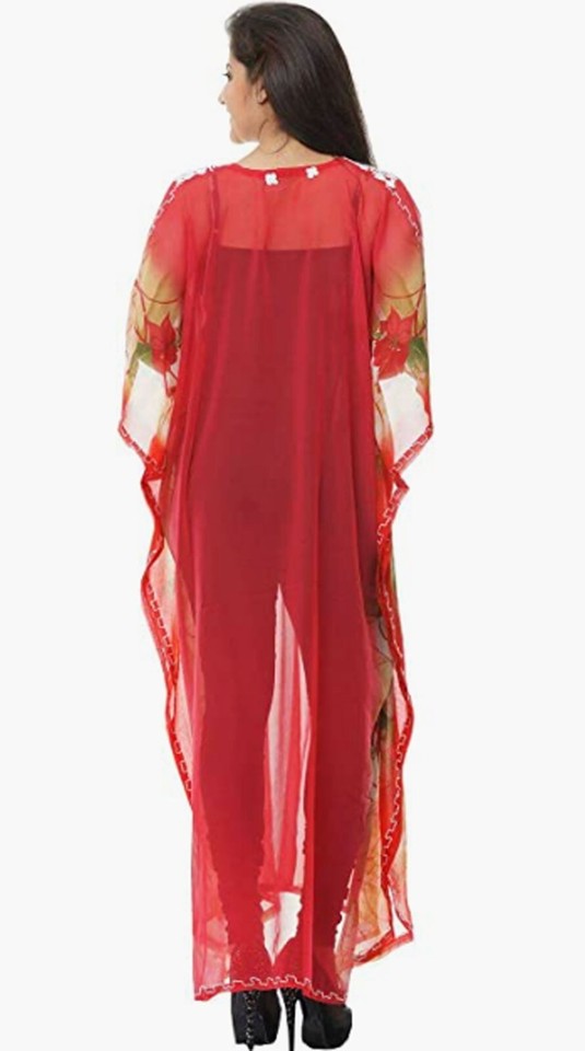 Womens Long Caftan Georgette Red Kaftan Embroidered See-Through Maxi L ...