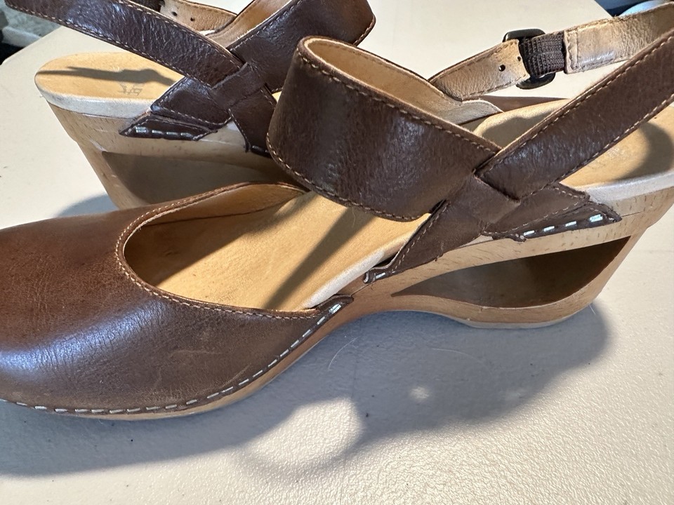 Dansko Women's Taci Brown Leather Clog Wood Cutout Heel Size 10 Good ...