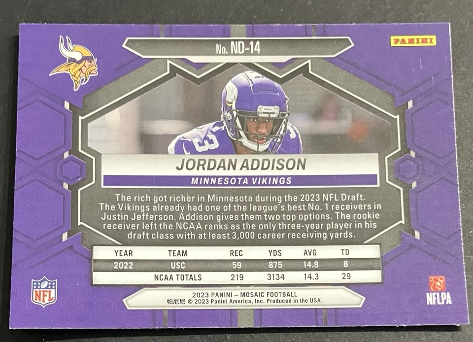 JORDAN ADDISON 2023 Panini Mosaic NFL DEBUT RC Rookie #ND-14 Minnesota ...