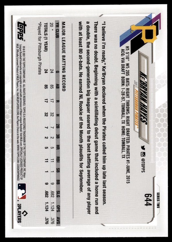 2021 Topps #644 Ke'Bryan Hayes Pittsburgh Pirates NM | eBay