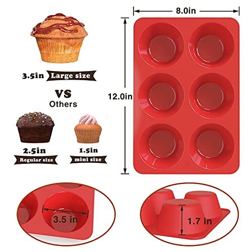 Silicone Jumbo Muffin Pans Nonstick 6 Cup(2 Pack) - 3.5 Inch Large ...