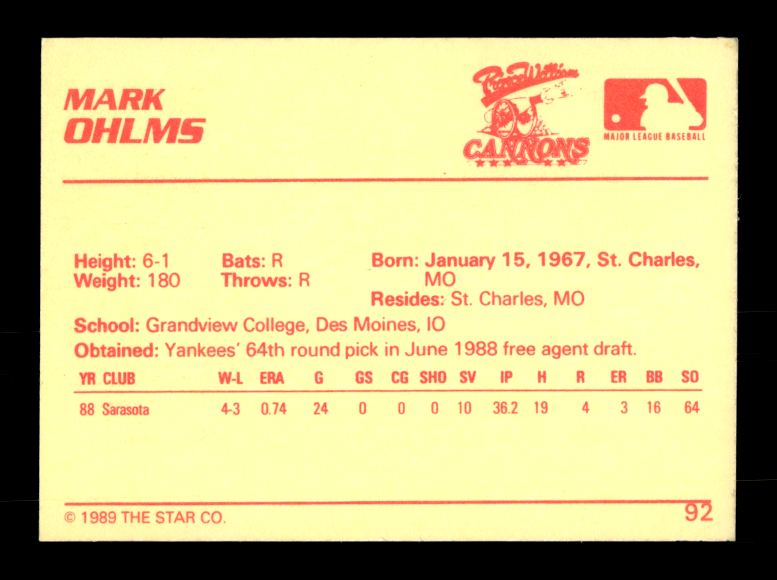 1989 Star # 92 Mark Ohlms Card (ML) Prince William Cannons New York ...