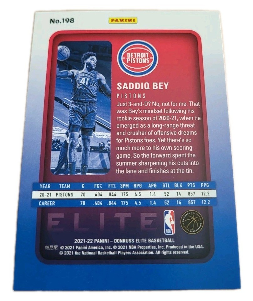 2021 Donruss Elite #198 Saddiq Bey Detroit Pistons Basketball Card (P7 ...