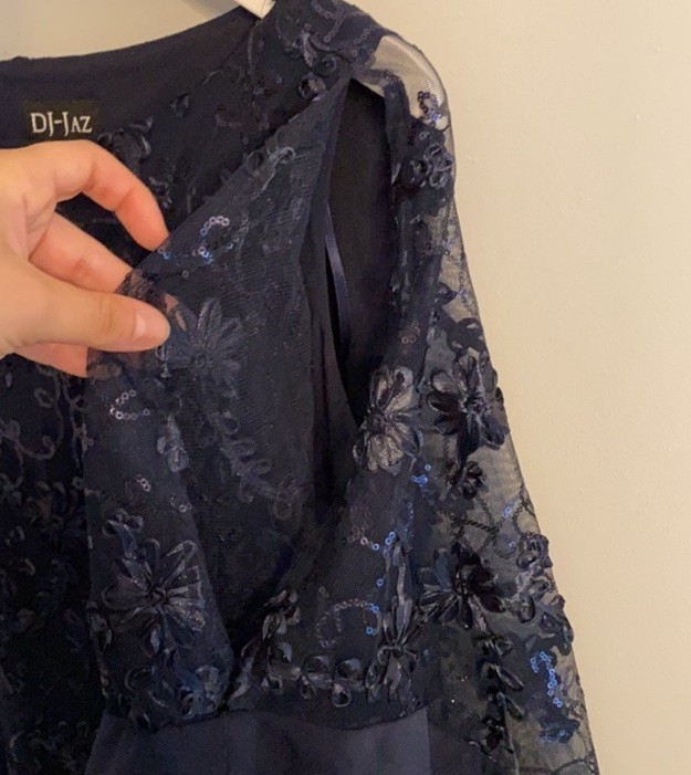 DJ-Jaz Navy Blue Sequin Embroidered Mesh Cape Sheath Dress Size 12 ...