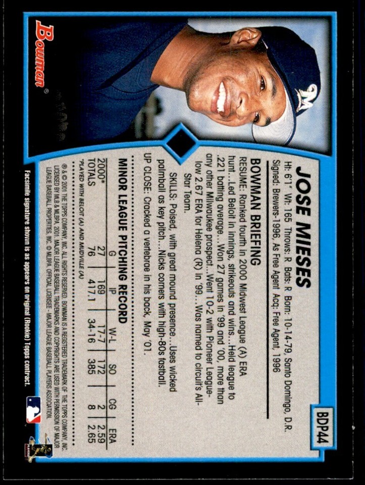 2001 Bowman Draft Picks & Prospects Jose Mieses Rookie Milwaukee ...