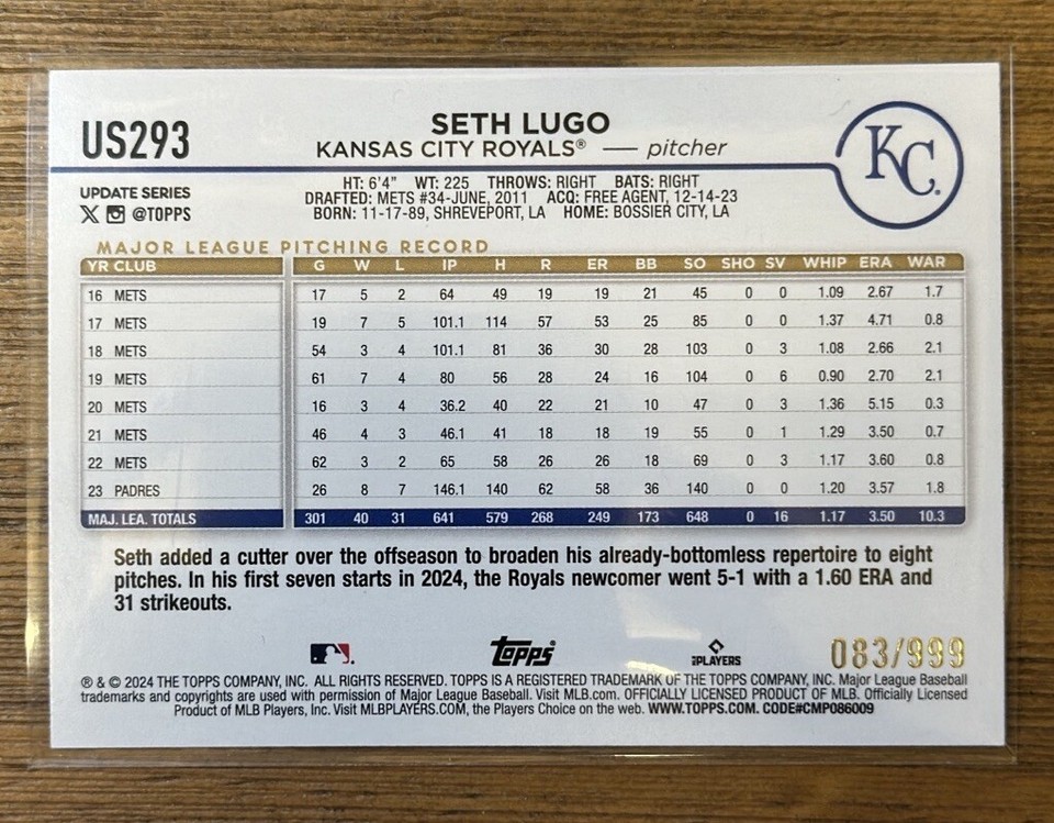 2024 Topps Update #US293 Seth Lugo Blue Foil 83/999 Royals | eBay