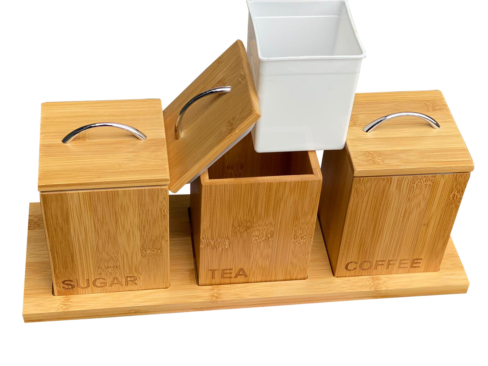 Bamboo wooden tea coffee sugar storage jars set holder tray organizer ...