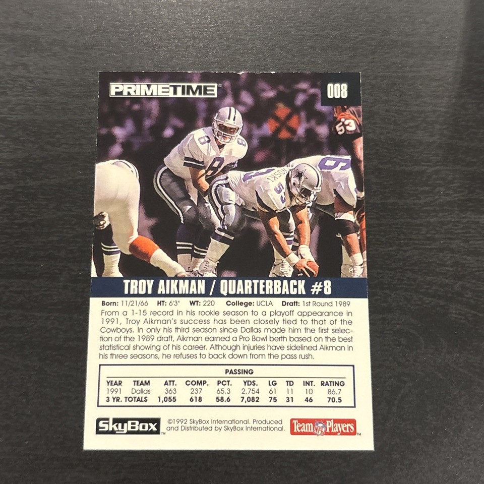 1992 SkyBox Primetime Football Card HOF Troy Aikman Dallas Cowboys #008 ...