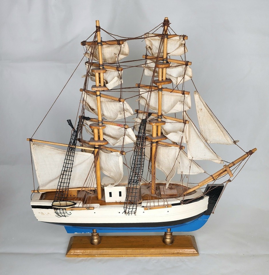Vintage Handmade Wooden Model Ship Wooden Sailboat With Cloth Sails ...