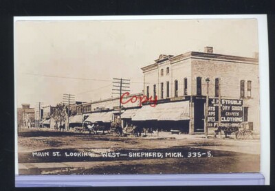 REAL PHOTO SHEPHERD MICHIGAN DOWNTOWN MAIN STREET SCENE POSTCARD COPY ...