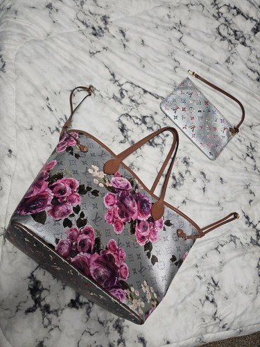 Louis Vuitton HTF Garden Floral Metallic Neverfull Flowers Silver With ...