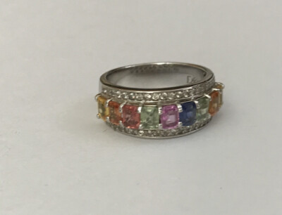 VINTAGE DJOY STERLING SILVER 925 BEAD MULTICOLOUR SAPPHIRE BAND RING ...