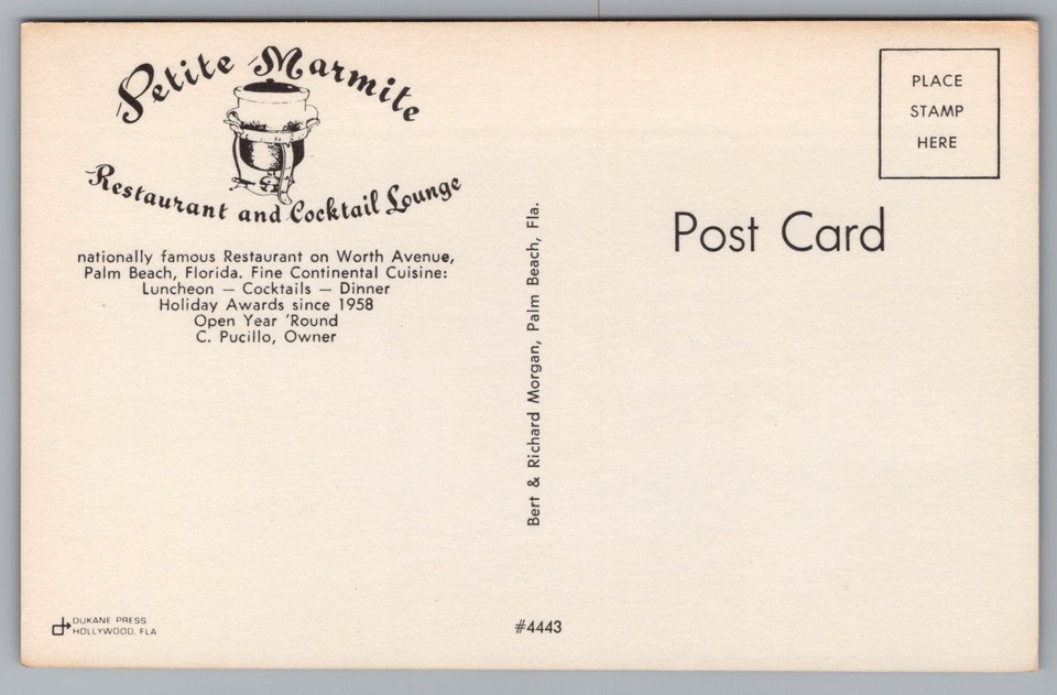 Petite Marmite Restaurant & Cocktail Lounge, Palm Beach, FL. Postcard ...