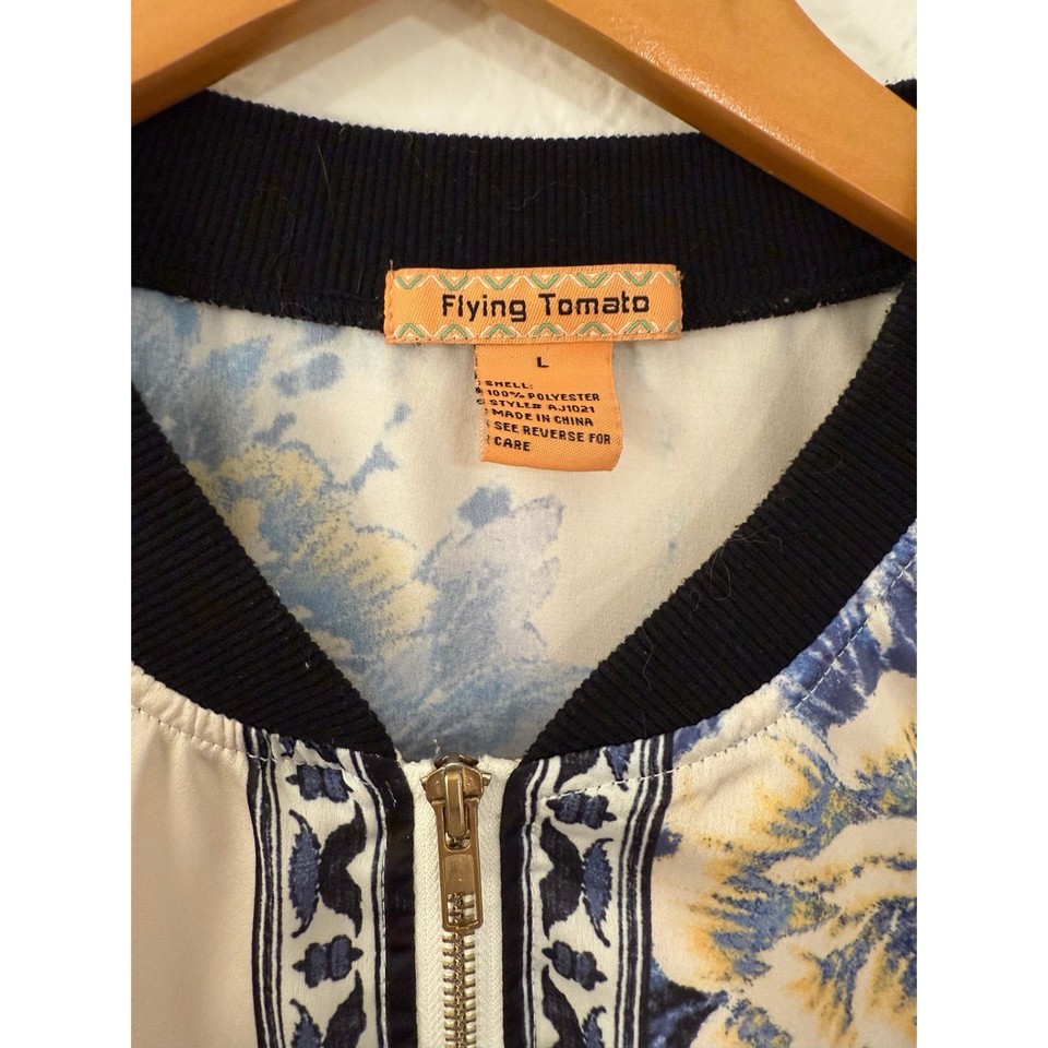 Flying Tomato Floral Satin Bomber Jacket, Women's Large, Blue Yellow ...