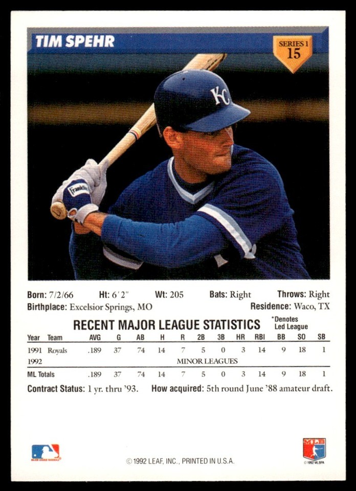 1993 Donruss Baseball Card Tim Spehr Kansas City Royals #15 | eBay