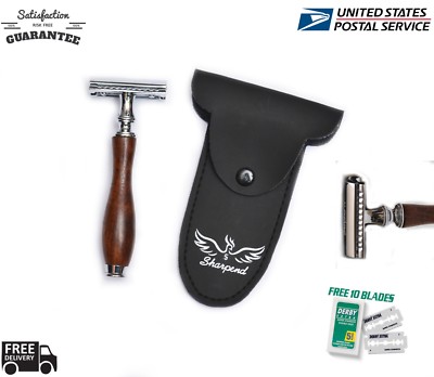 Pro Men Heavy Duty Double Edge Safety Razor Wooden Wood + Free Pouch 10 ...