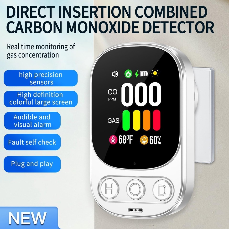 2XCarbon Monoxide Detector Plug 3-in-1 CO Level Monitor Alarm with Temp ...