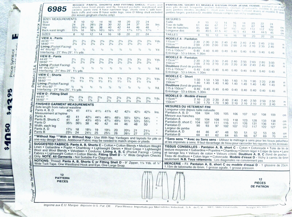 MCCALLS PATTERN 6985 PERFECT FIT PLEAT TROUSERS PANTS SHORTS FITTING ...