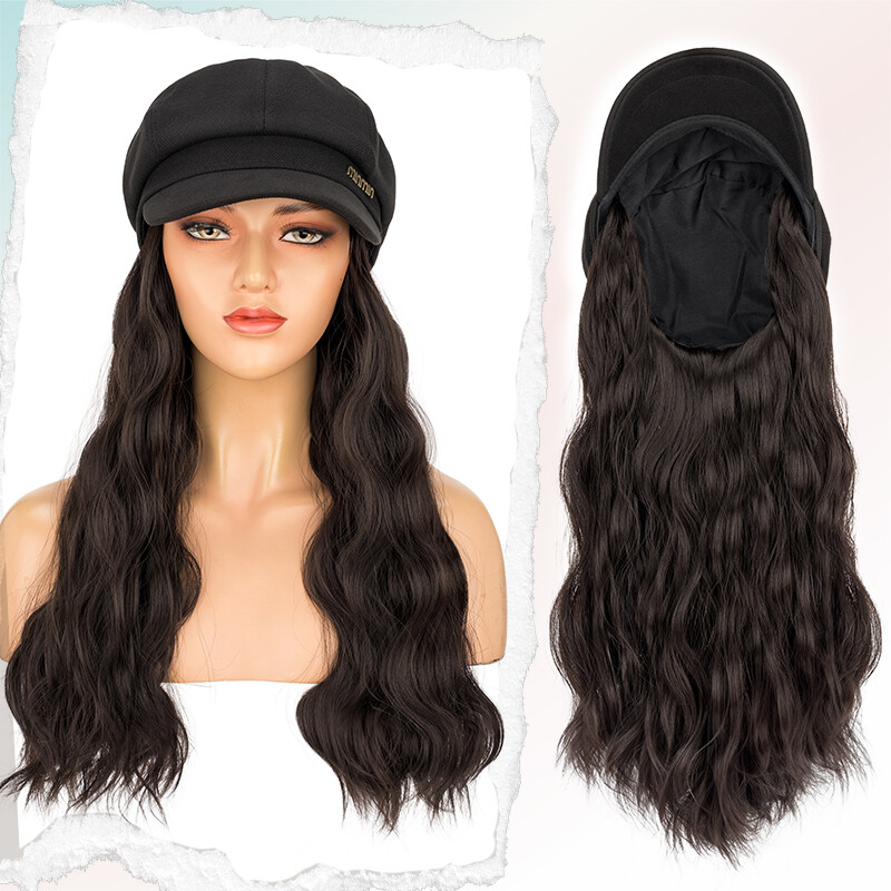 16in Baseball Cap with Hair Extensions Natural As Human Black Hat Wavy ...