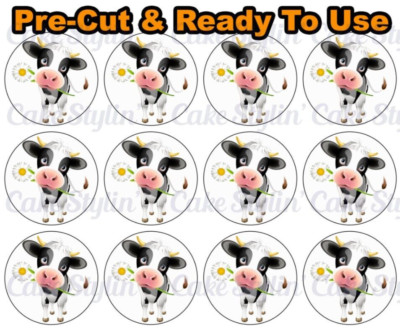 12 x CUTE COWS Edible Cupcake Toppers Wafer Paper 4cm Daisy Farm Animal ...