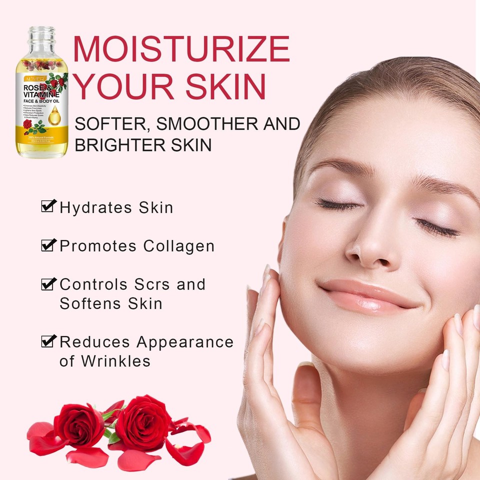 Rose & Vitamin E Oil for Face & Body, Hydrating, Anti-Wrinkles, Reduce ...