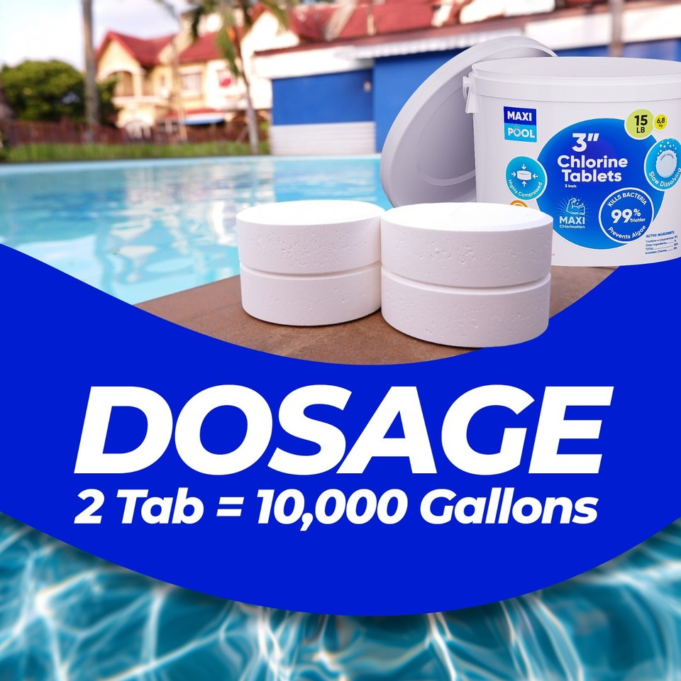 MAXI POOL 3 inch Advanced Stabilized Chlorine Tablets, Long Lasting 5 ...