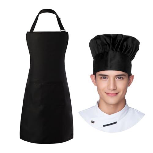 Chef Apron Hat Set for Women and Men, Adjustable Bib Apron with 2 Black ...