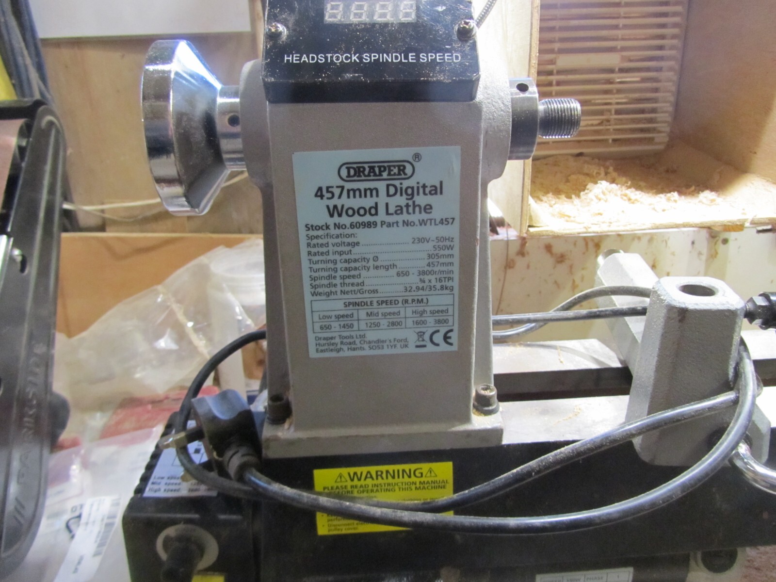 Draper Compact Digital Variable Speed Wood Lathe, 550W 60989 ...