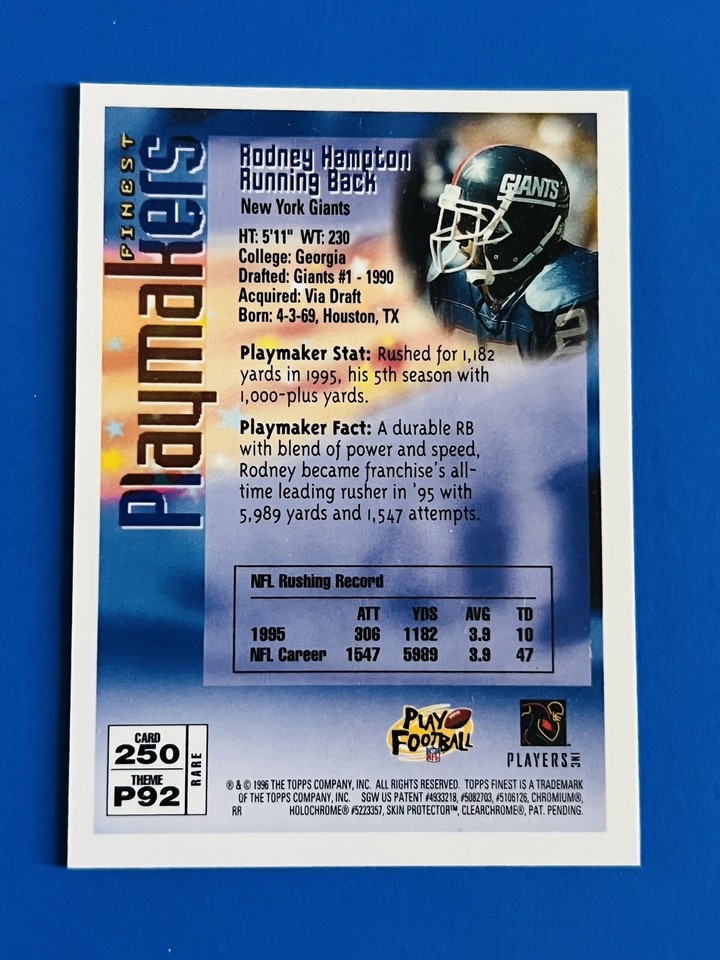 1996 Topps Finest Rodney Hampton Giants Playmakers Gold Rare Parallel ...