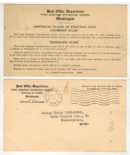 1944 USPOD 3RD PMG STAMP ANNOUNCEMENT CARD COMBO 923 STEAMSHIP & 924 ...
