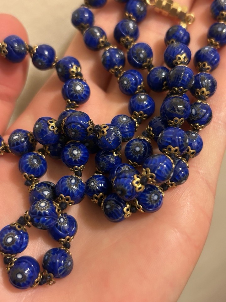 VTG Venetian Glass Cobalt Blue Millefiori Knotted Bead Necklace 28 ...