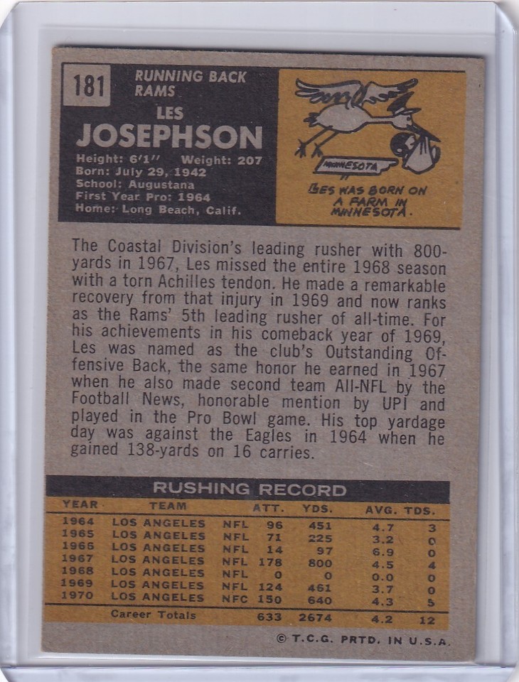 1971 Topps Football #181 Les Josephson - Los Angeles Rams | eBay