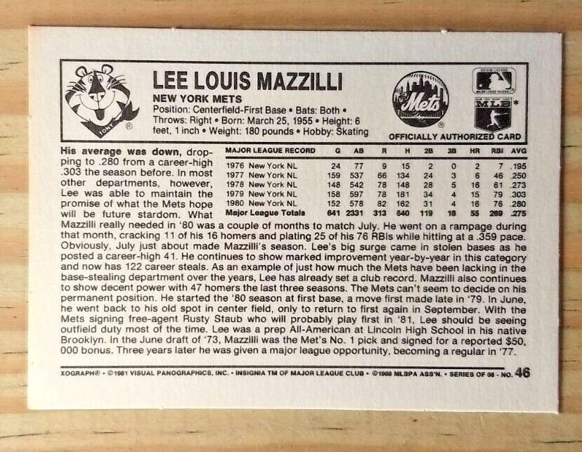 1981 KELLOGG'S LEE MAZZILLI CARD#46 NR-MT NEW YORK METS RANGERS YANKKES ...