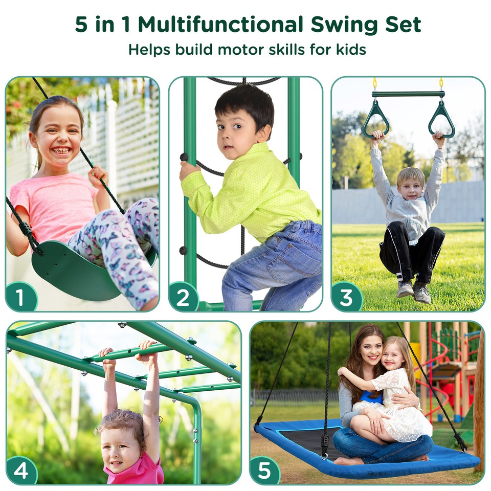 Hapfan Swing Sets for Backyard w/ Monkey Bars, 2 Swings,Climbing Net ...
