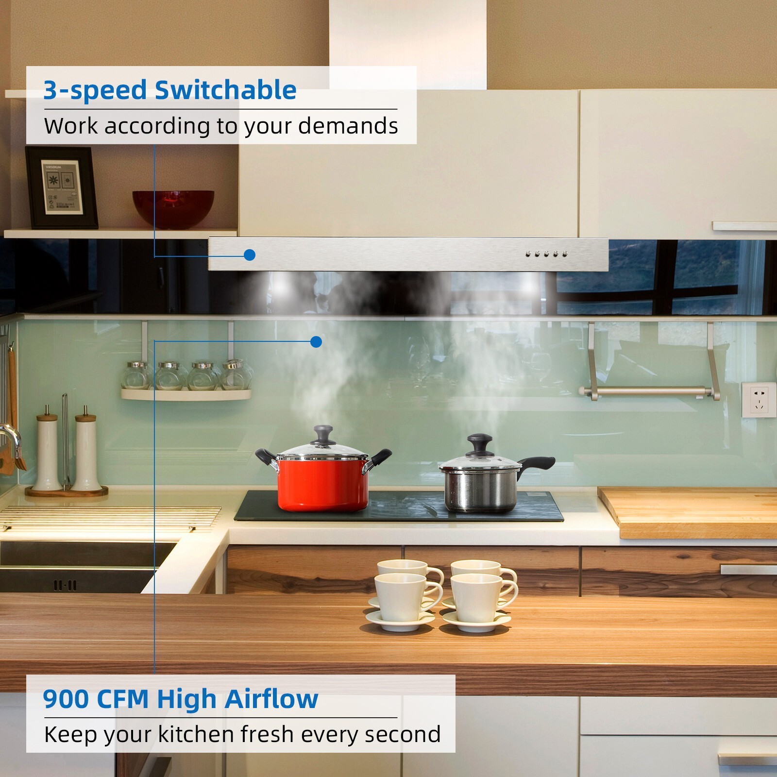 30in Wall Mount T-Shape Range Hood 900CFM Stainless Steel Stove Vent 3 ...