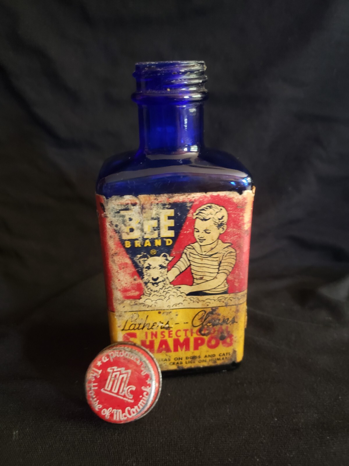 Vintage McCormick BEE Brand Insecticidal Shampoo Blue Cobalt Glass w/OG ...