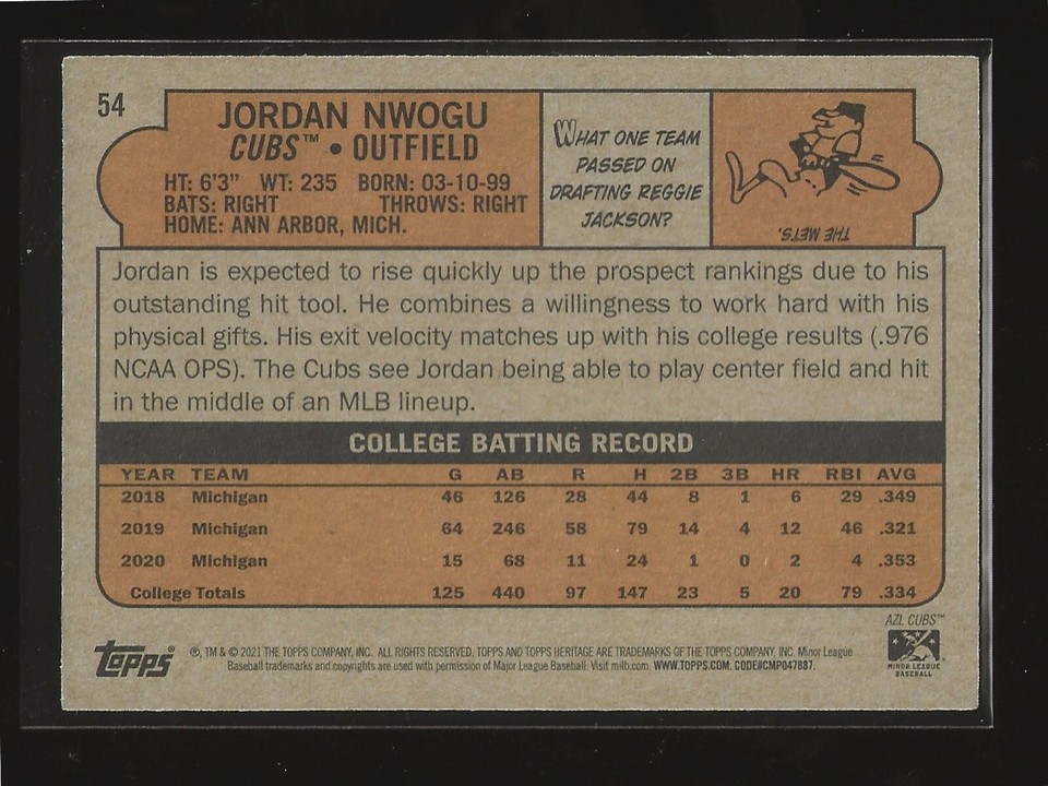 JORDAN NWOGU 2021 Topps Heritage Minor League Base Card AZL Cubs #53 | eBay