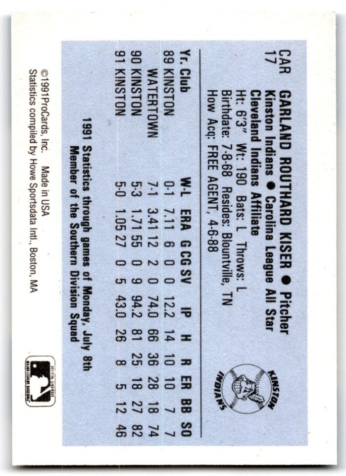 1991 PROCARDS CAROLINA LEAGUE ALL-STARS GARLAND KISER KINSTON INDIANS # ...