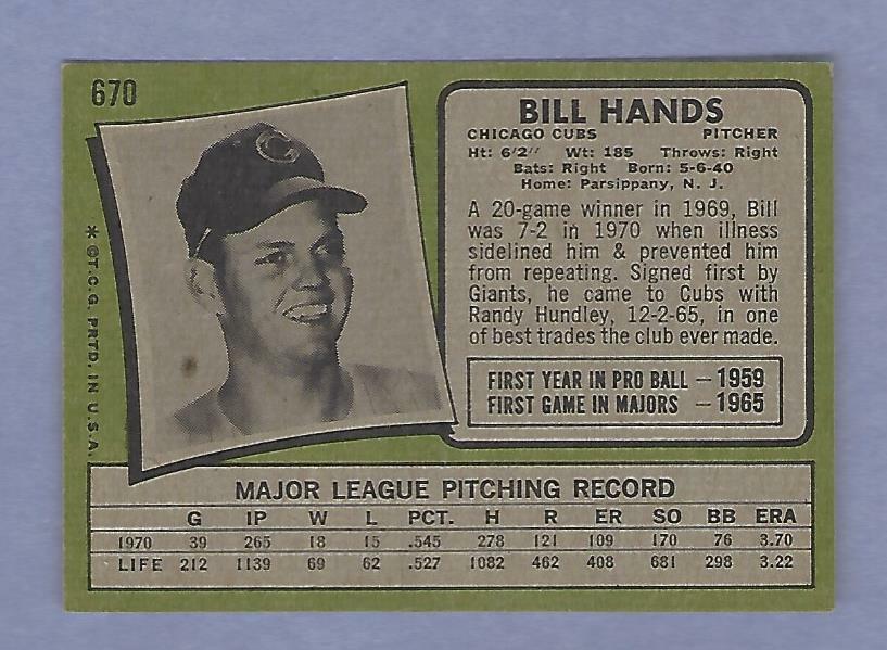 1971 Topps - #670 Bill Hands - Chicago Cubs - ExMt+ | eBay