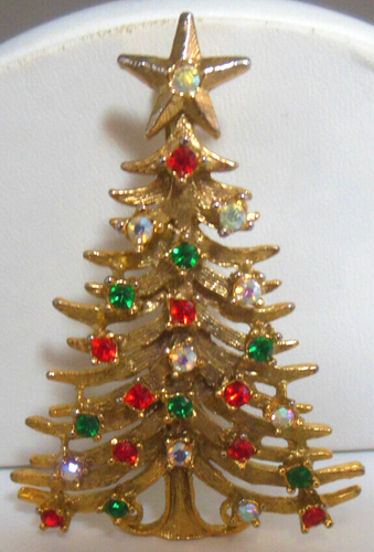 Vintage Signed Tancer Gold-tone Multi-Rhinestone Christmas Tree Brooch ...